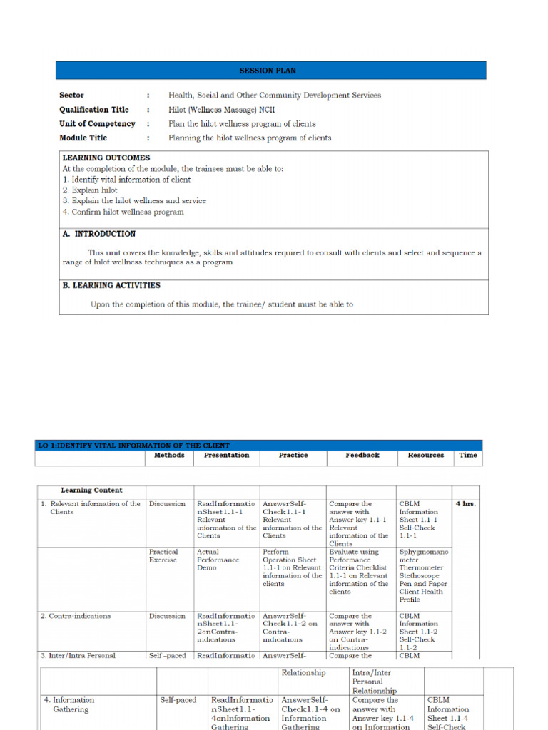 Session Plan-Hilot Massage | PDF Session Plan-Hilot Massage | PDF