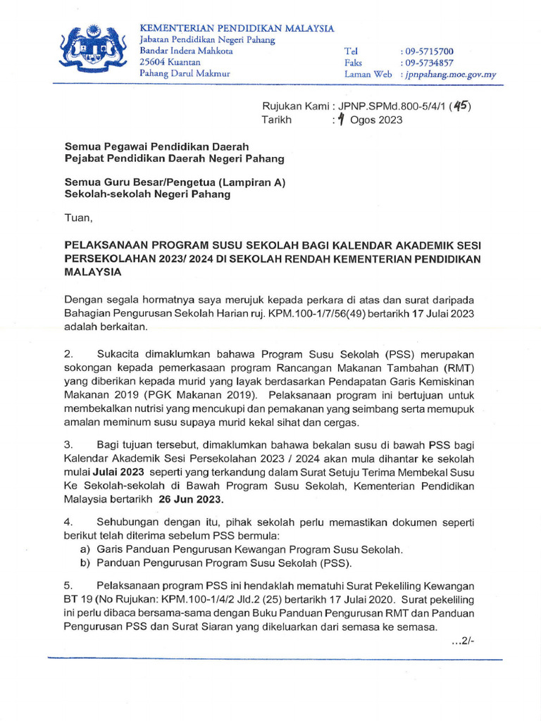 PELAKSANAAN PROGRAM SUSU SEKOLAH BAGI KALENDAR AKADEMIK SESI ...