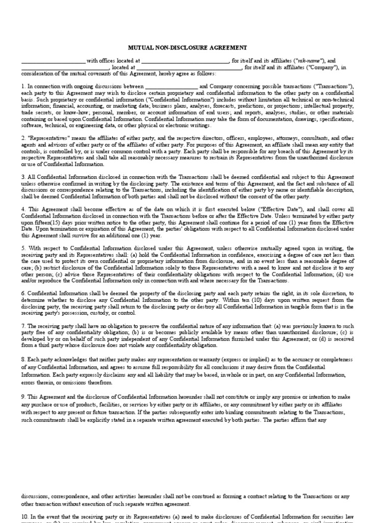 Mutual NDA Form | Confidentiality | Non Disclosure Agreement