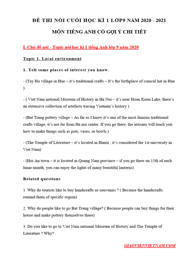 Tong Hop Cac Chu de Thi Noi Tieng Anh Lop 9 | PDF | Hanoi | Hue