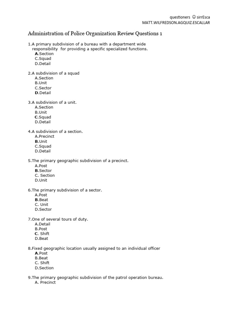 Police Organization Exam Review Questions | PDF | Police | Uniform ...