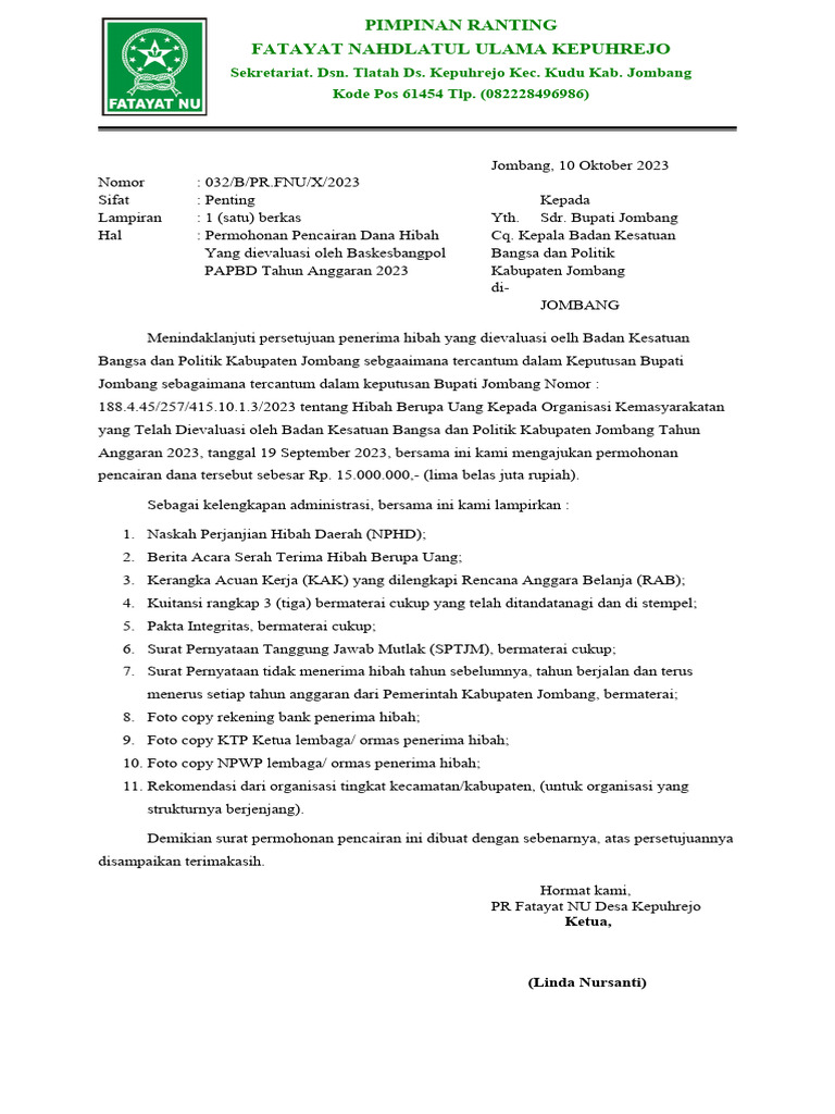 Surat Permohonan Pencairan Dana Hibah Fatayat Kepuhrejo | PDF Surat Permohonan Pencairan Dana Hibah Fatayat Kepuhrejo | PDF