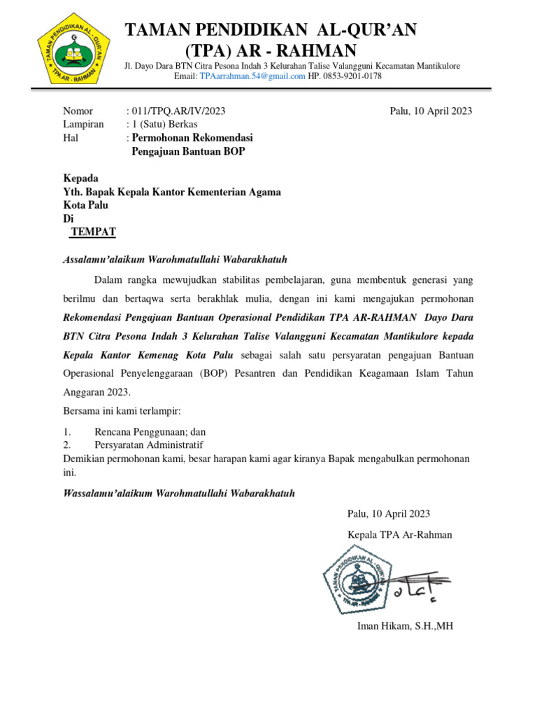 Surat Permohonan Rekomendasi Kemenag Bantuan Bop 2023 Tpa Ar-rahman | PDF