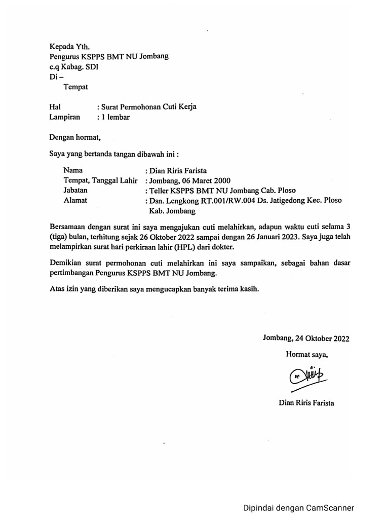 Surat Permohonan Cuti Melahirkan | PDF