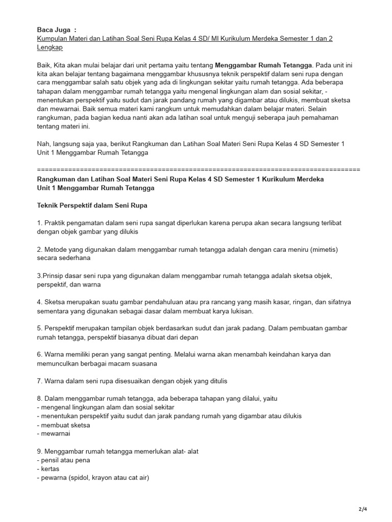 Rangkuman Materi Dan Latihan Soal Seni Rupa Kelas 4 SD Semester 1 Kurikulum Merdeka Unit 1 ...