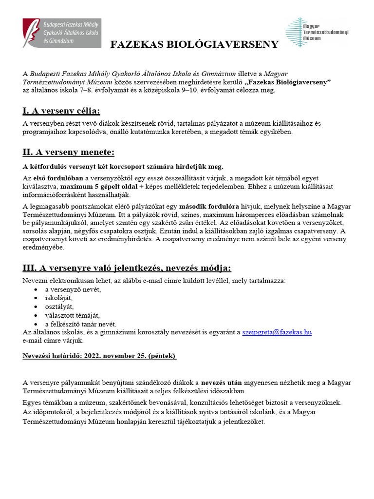 Fazekas Biológia Verseny Kiírás - 2022 23 | PDF