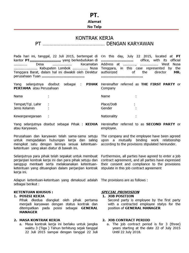 DRAFT KONTRAK KERJA KARYAWAN Edit | PDF