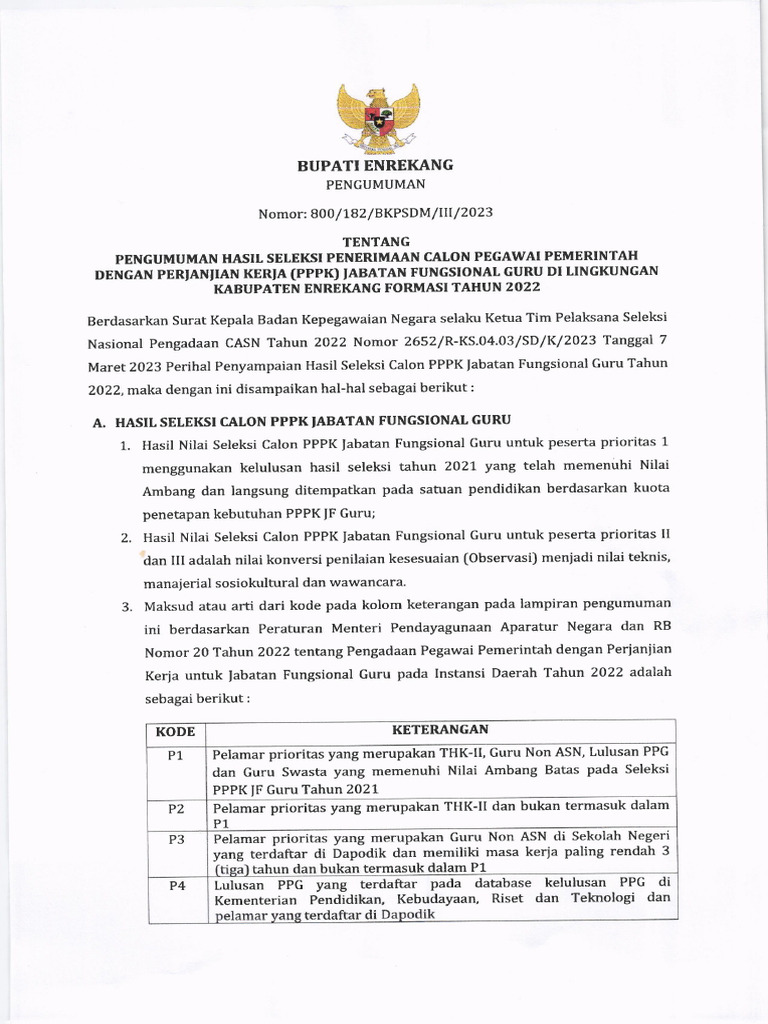 Pengumuman Hasil Seleksi CPPPK Tenaga Guru Di Lingkungan Pemerintah Kabupaten Enrekang | PDF