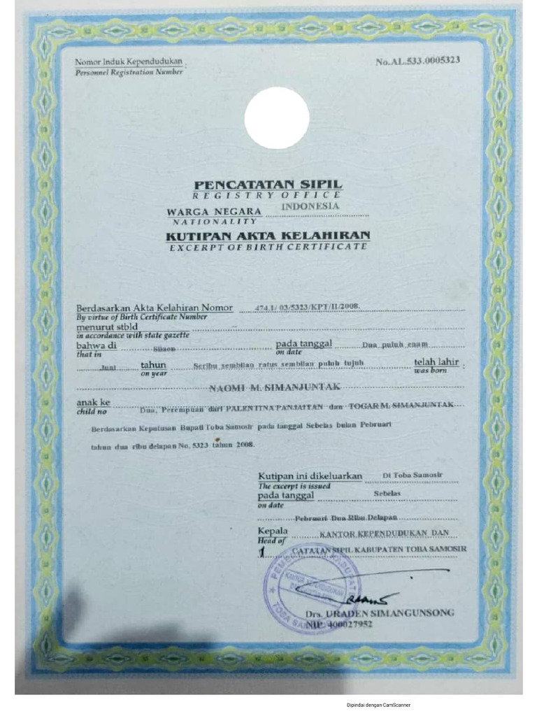 Akta Kelahiran Naomi Maria Simanjuntak | PDF
