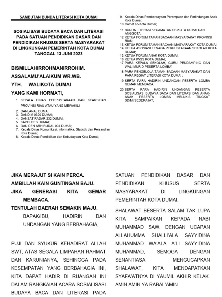 Sambutan Bunda Literasi Dumai Di Bunda Kecamatan | PDF