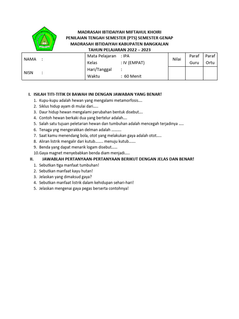 Soal Pts Kelas 4 Genap | PDF