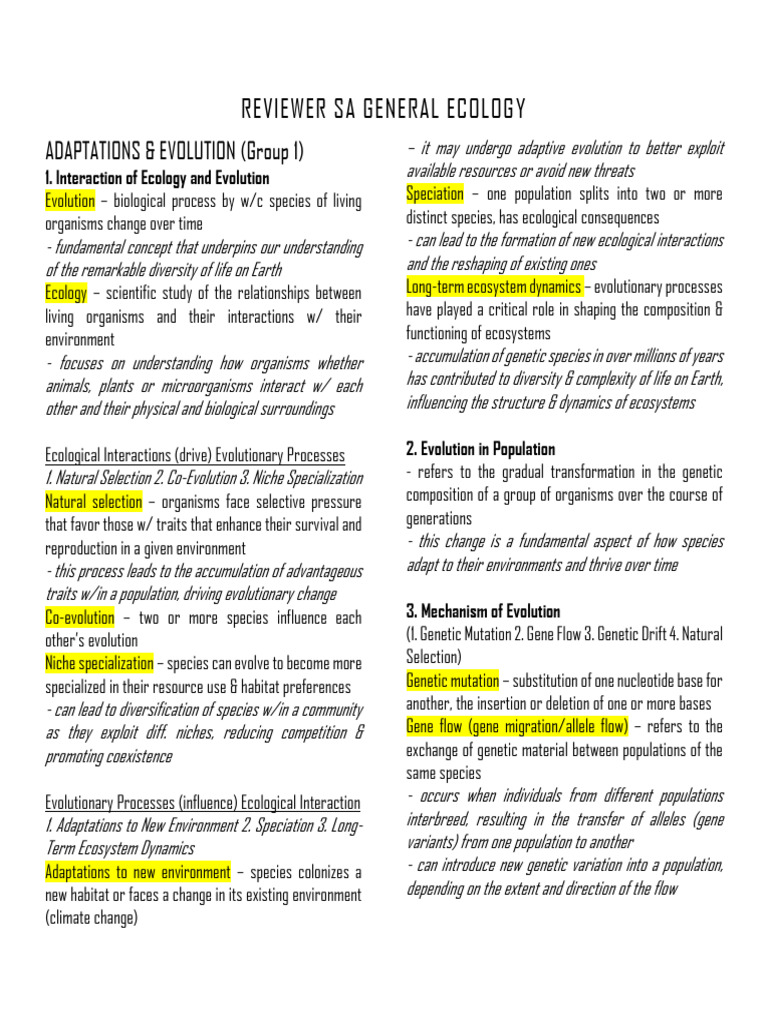 Reviewer Sa General Ecology | PDF | Evolution | Adaptation