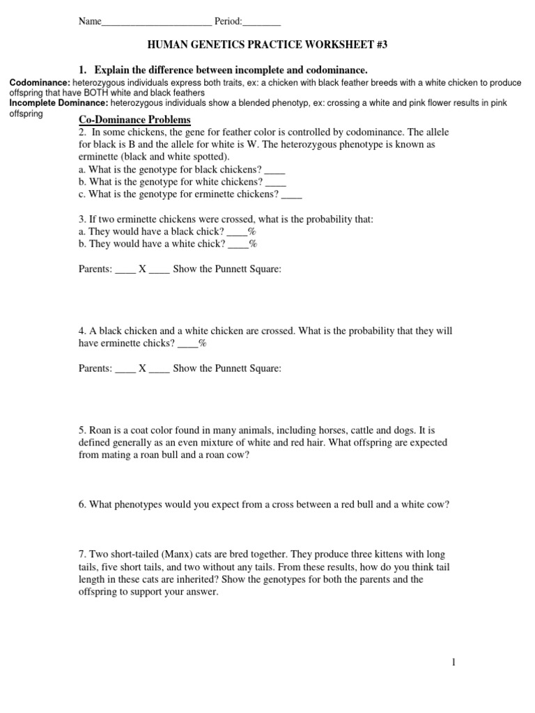 Codominance and Incomplete Dominance Worksheet | PDF