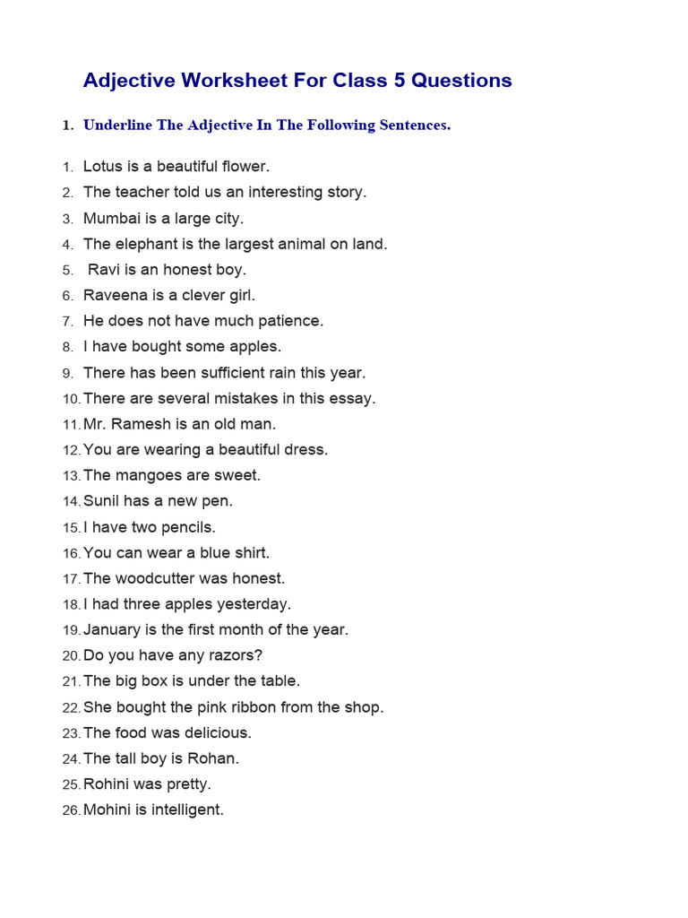 Adjective Worksheet For Class 5 Questions | PDF