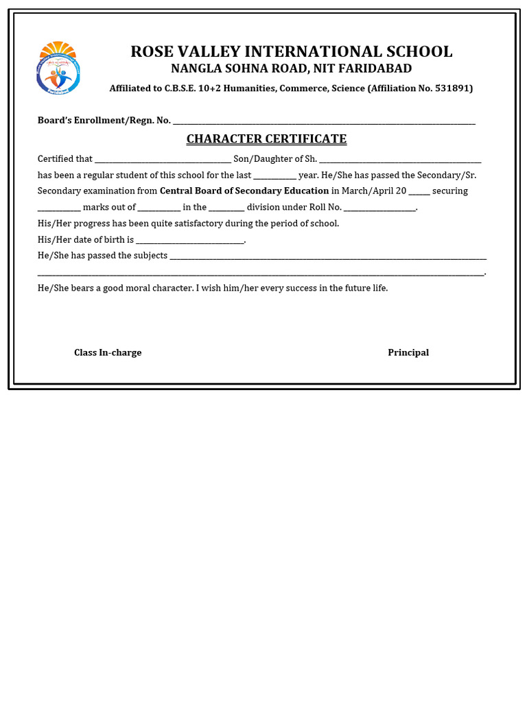 CBSE School Character Certificate Format | PDF | Social Science