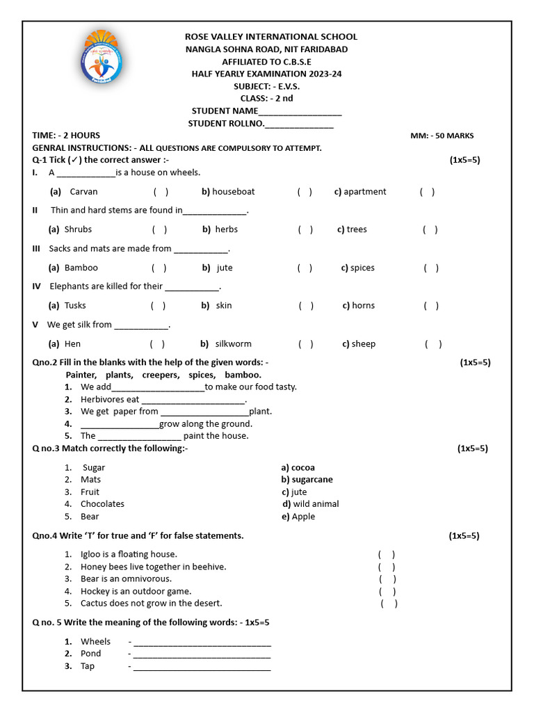 Class 2 EVS Half Yearly Exam Paper | PDF