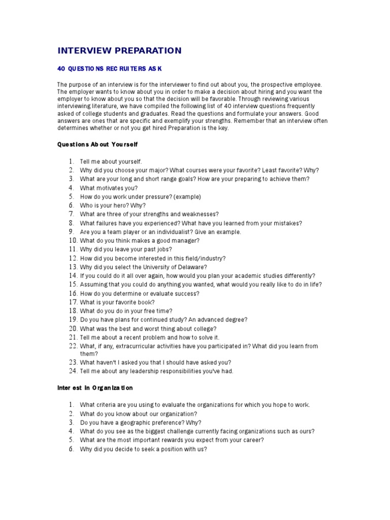 40 Essential Interview Questions for Graduates | PDF | Interview | Job ...