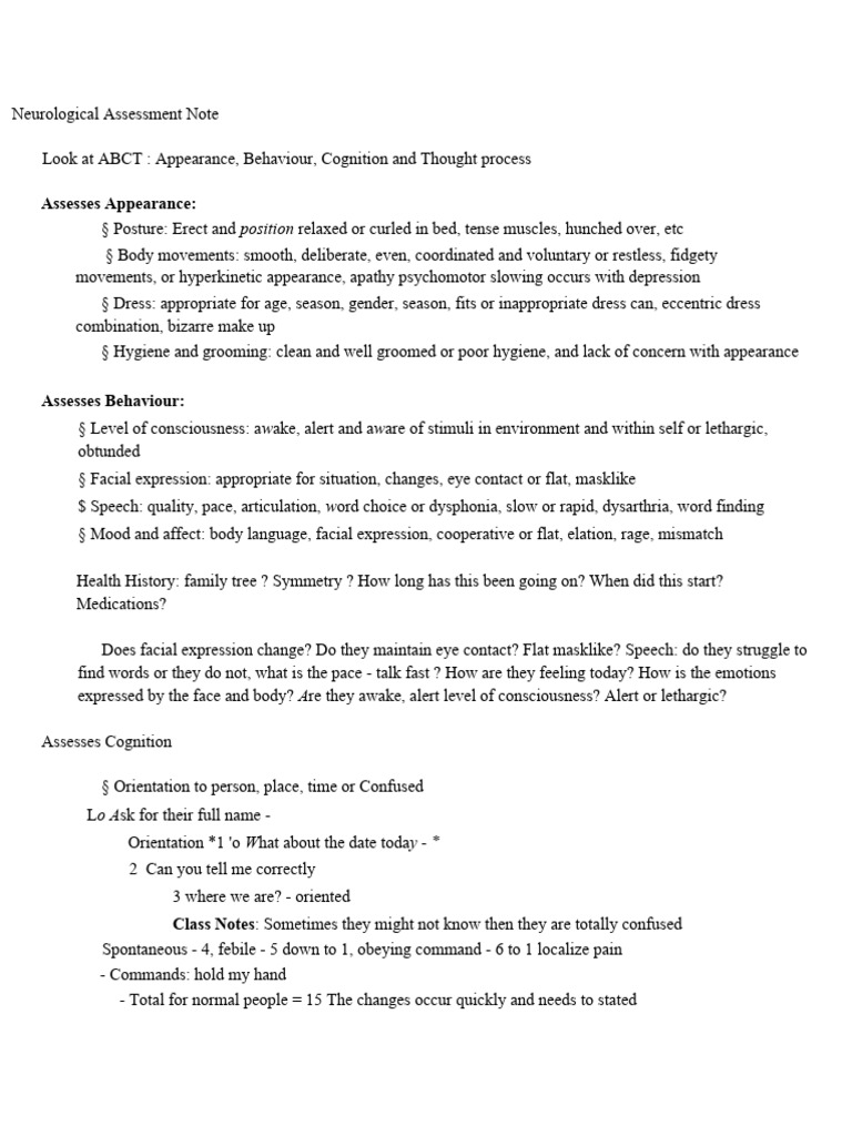 Neurological Assessment Note | PDF