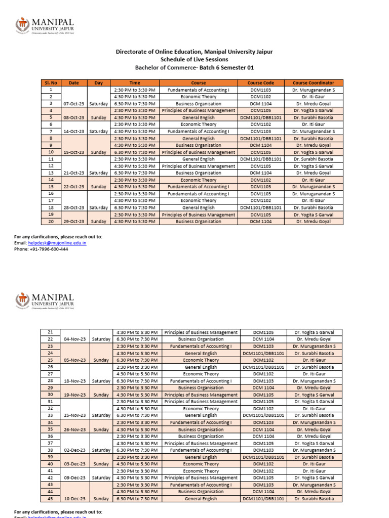 Semester 1 Live Class Session Schedule Bcom | PDF | Economies | Business