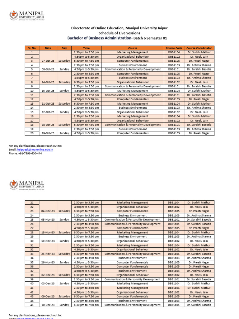 Semester 1 Live Class Session Schedule BBA | PDF