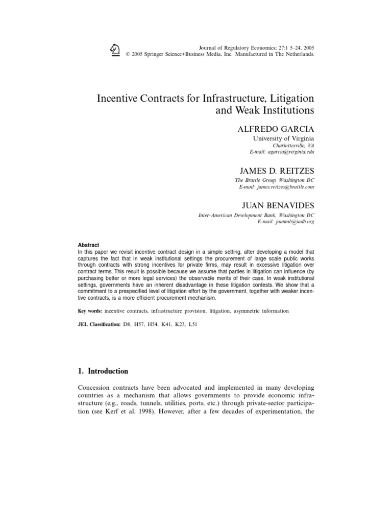 Garcia Et Al 2005 Incentive Contracts For Infrastructure Litigation and ...