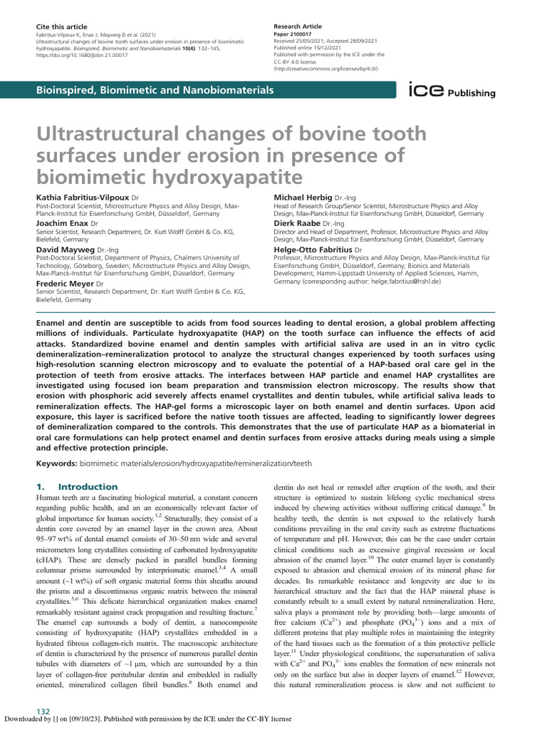 Fabritius Vilpoux Et Al 2021 Ultrastructural Changes of Bovine Tooth Surfaces Under Erosion in ...
