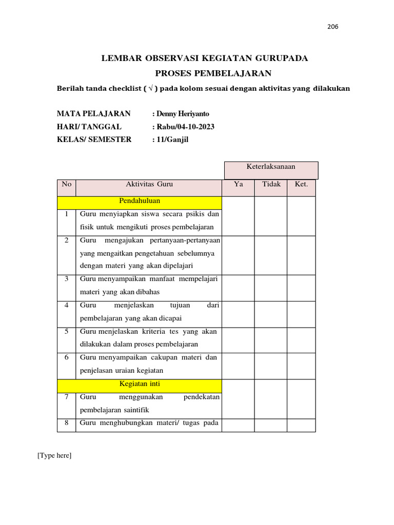 Lembar Observasi Guru Dalam Pembelajaran | PDF