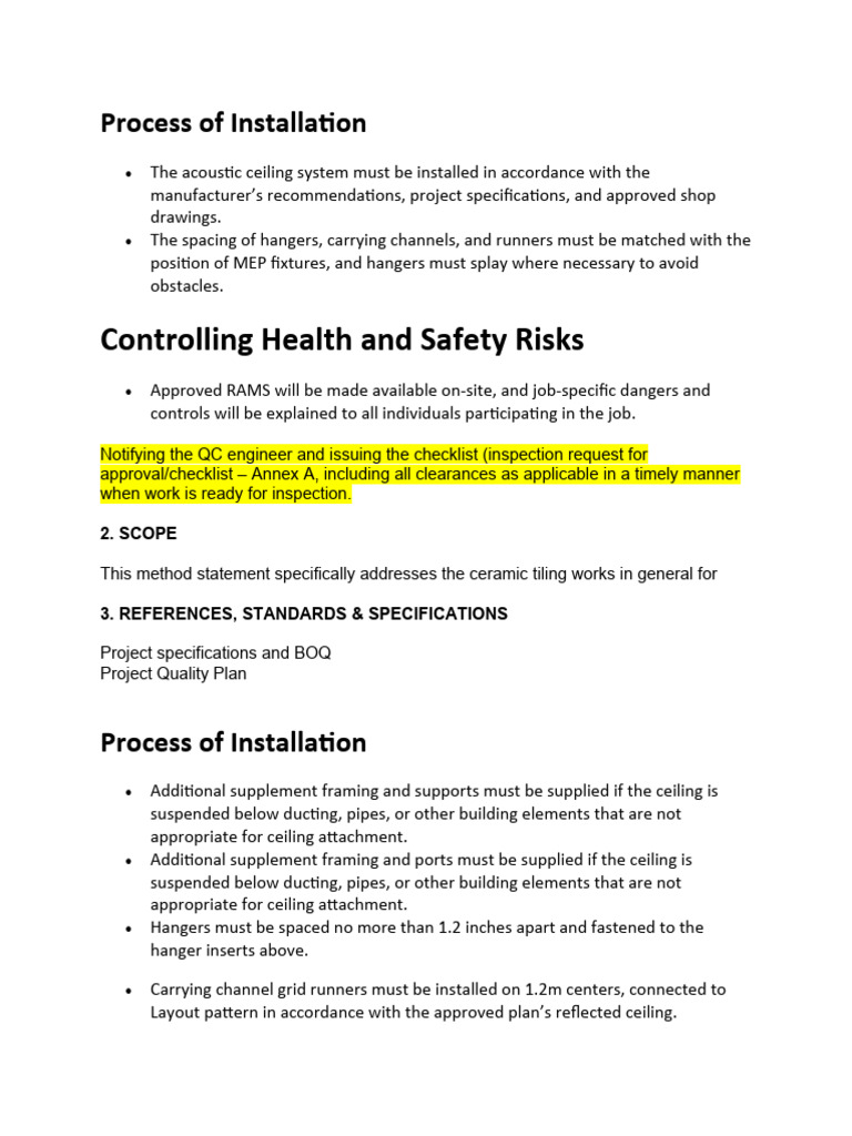 Method Statement For Suspended Ceiling Installation | PDF