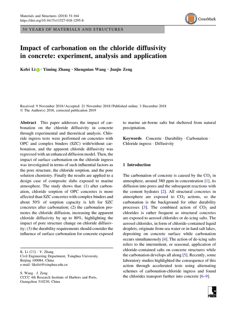 Impact of Carbonation On The Chloride Diffusivity in Concrete: Experiment, Analysis and ...