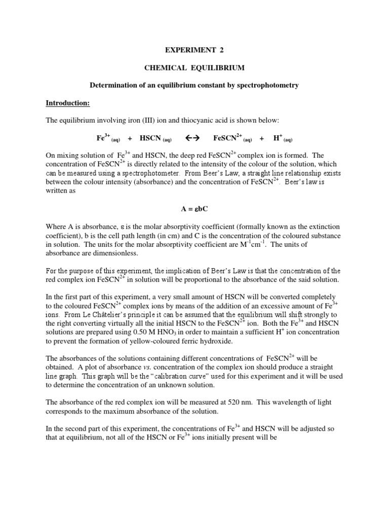 Experiment 2 Chemical Equilibrium Determination of An Equilibrium ...
