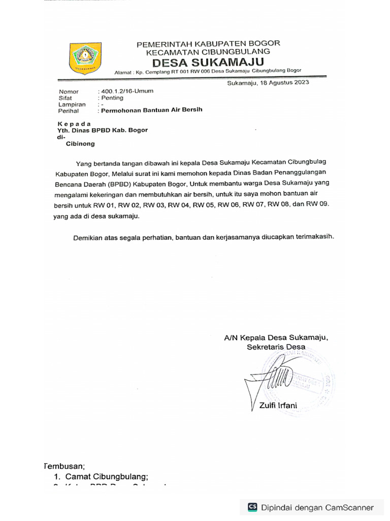 Surat Permohonan Bantuan Air Bersih | PDF