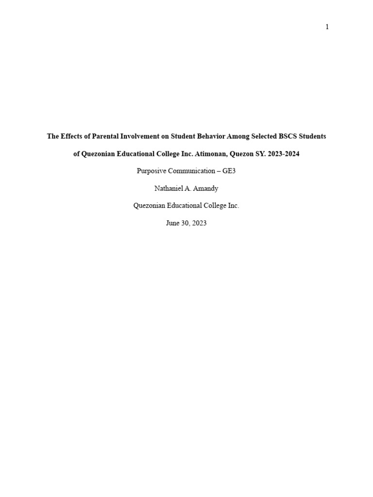 The Effects of Parental Involvement On Student Behavior Among Selected ...