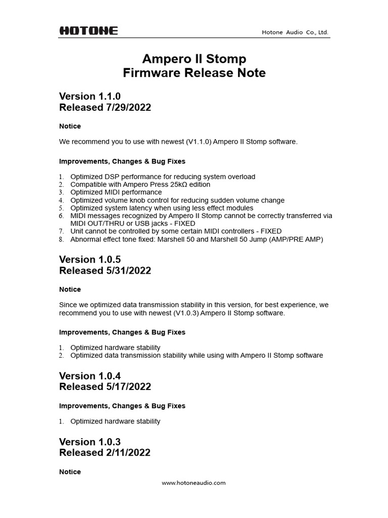 Ampero II Stomp Firmware Release Note | PDF