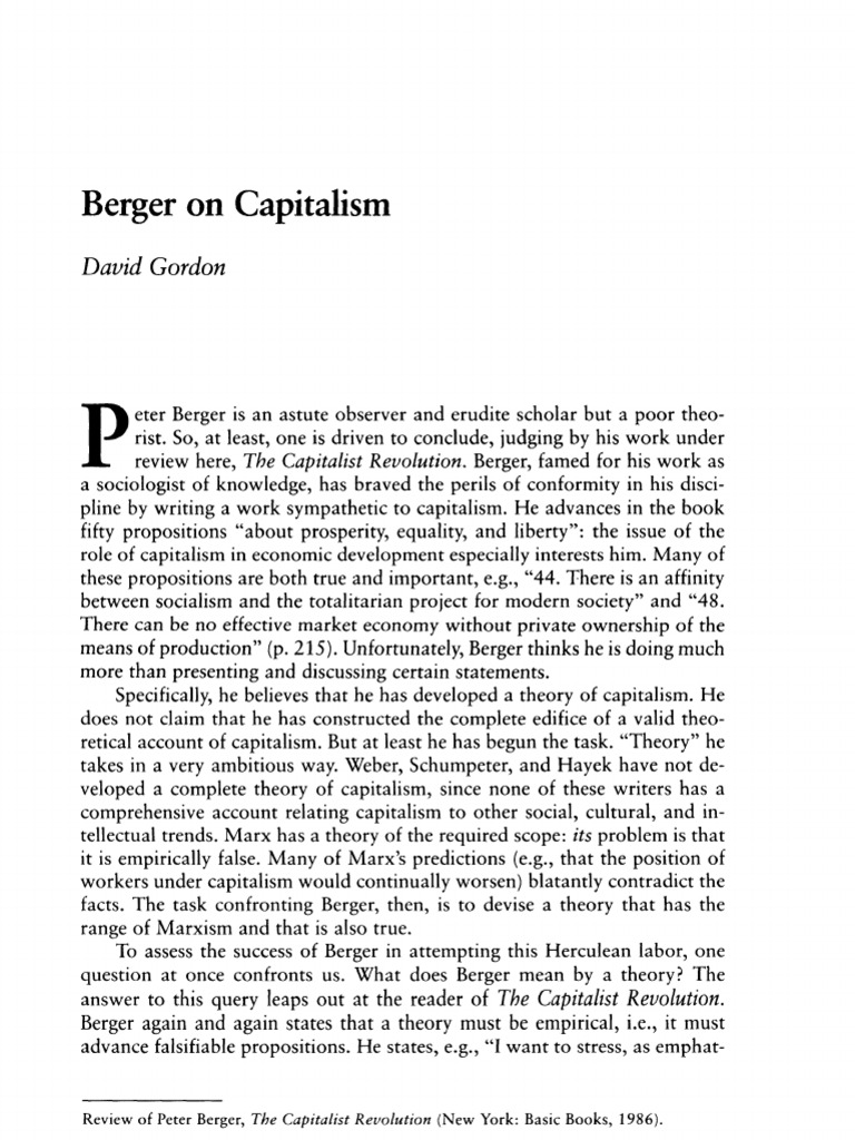 Berger Theory of Capitalism | PDF | Capitalism | A Priori And A Posteriori