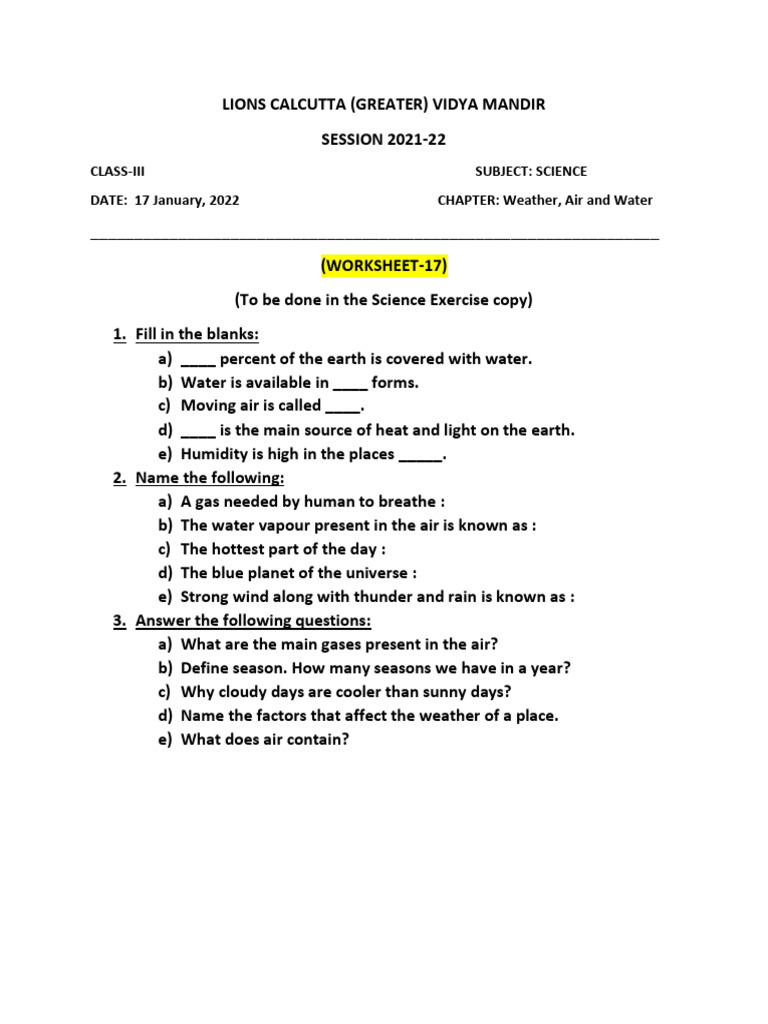 Class 3 Science Worksheet 17 For 17.1.2022 | PDF | Law | Science ...