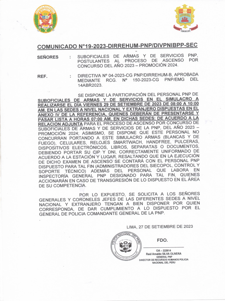COMUNICADO N°19-2023-DIRREHUM-PNPDIVPNIBPP-SEC Del 27SET2023 Sobre La Participación Del Personal ...