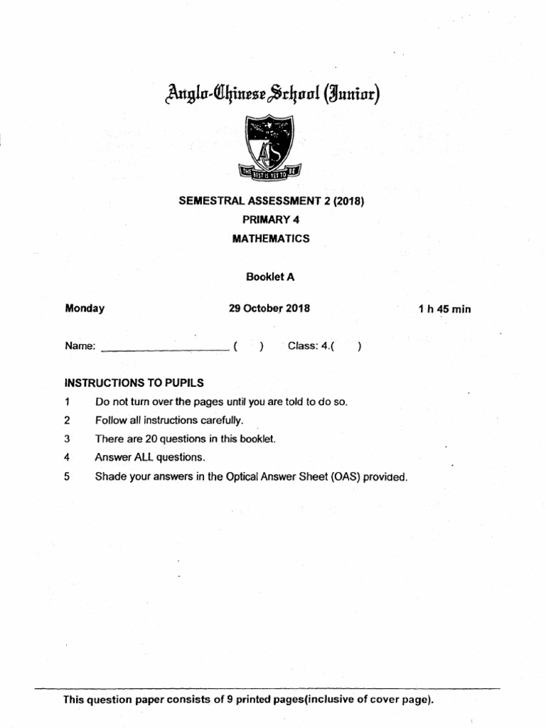 P4 Maths SA2 2018 ACS Exam Papers | PDF