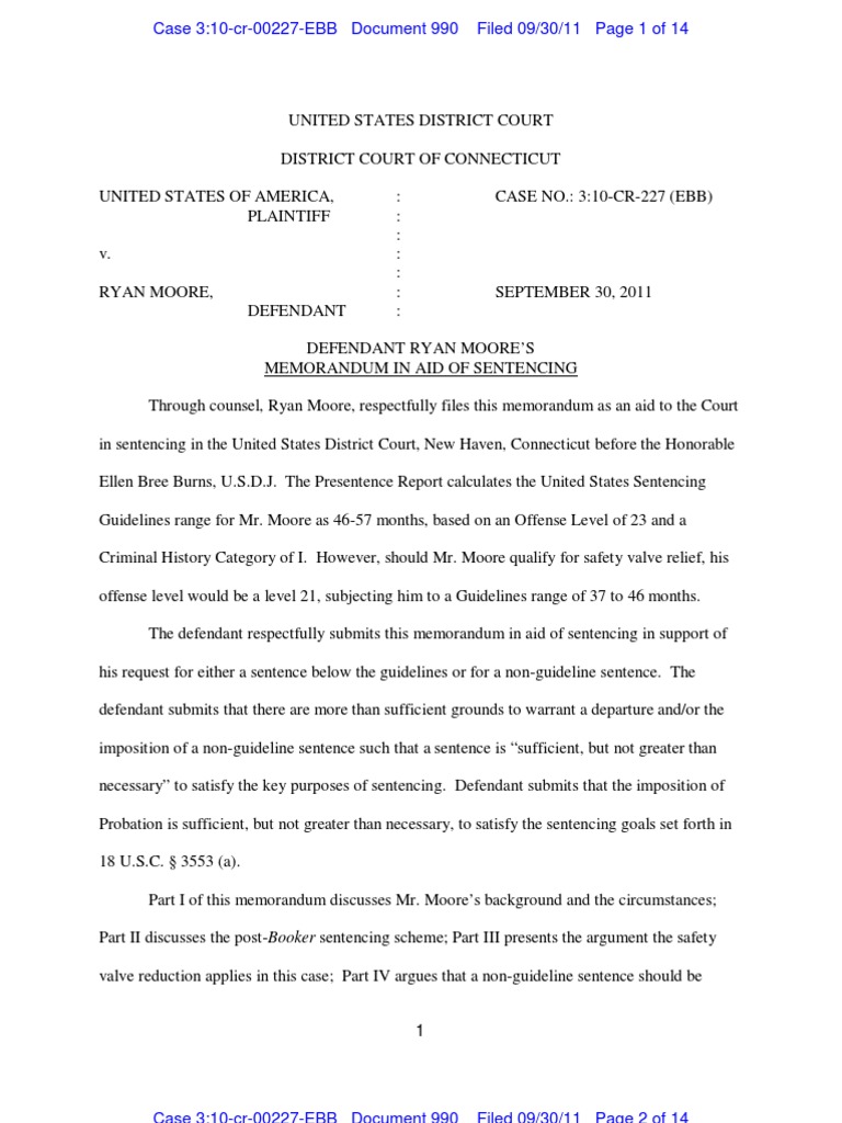 MOORE Ryan Sentencing Memo | PDF | United States V. Booker | United ...