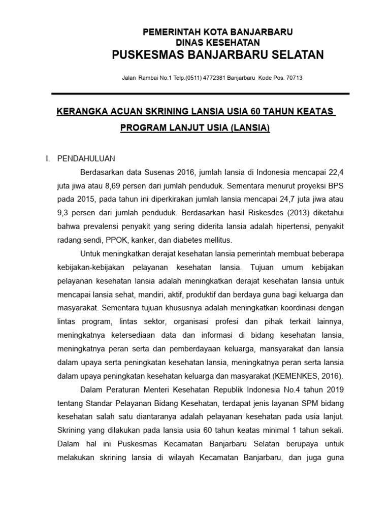 Kak Skrining Lansia Usia 60 TH Keatas Prog Lansia 2022 | PDF