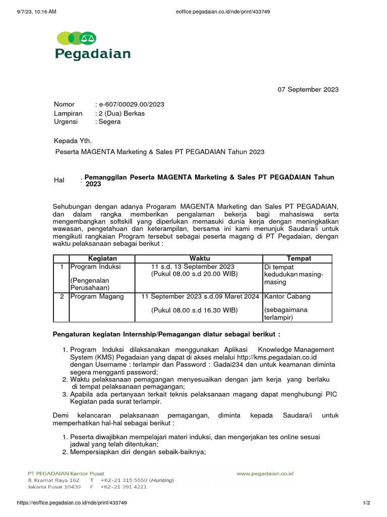 E-607 - Pemanggilan Peserta MAGENTA Marketing & Sales PT PEGADAIAN TH 2023 | PDF | Bisnis