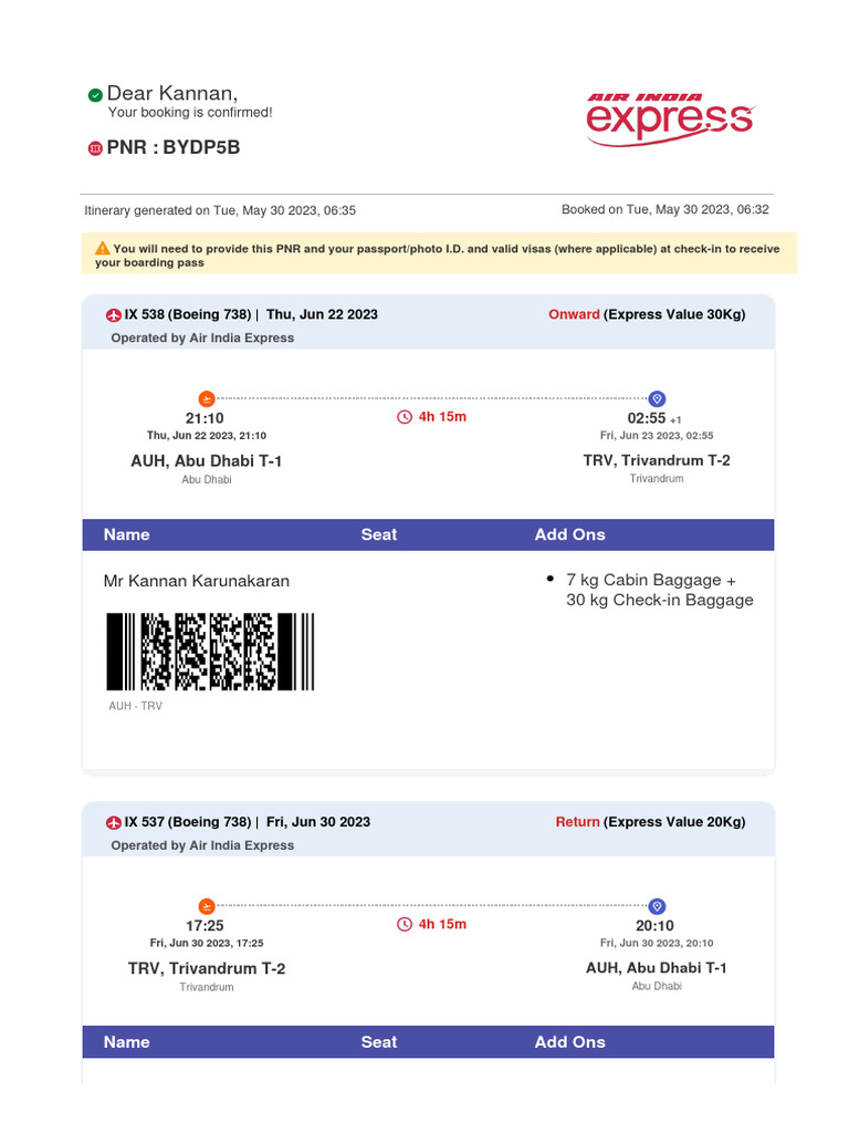 Air India Express Ticket June 2023 Pdf
