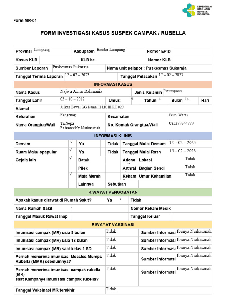 MR01 Form Investigasi Kasus Suspek Campak Rubella 2019 | PDF