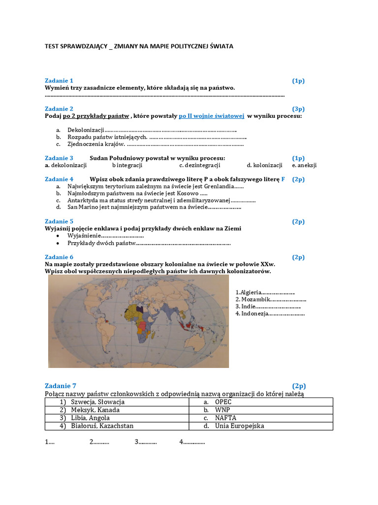TEST SPRAWDZAJĄCY Zmiany Na Mapie Politycznej Świata. | PDF