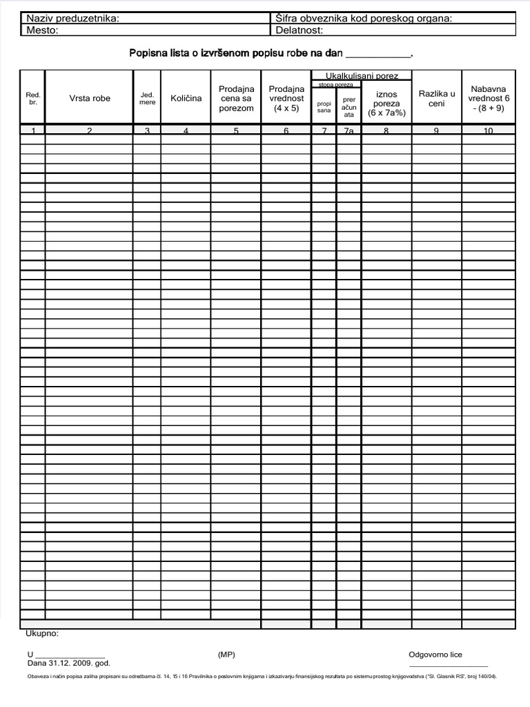 Popisna Lista Robe | PDF
