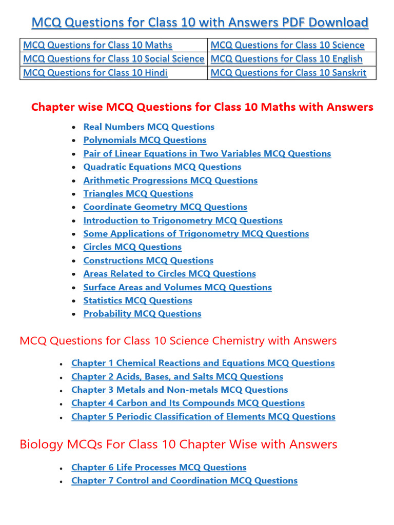 MCQ Questions for Class 10 with Answers PDF Download | PDF