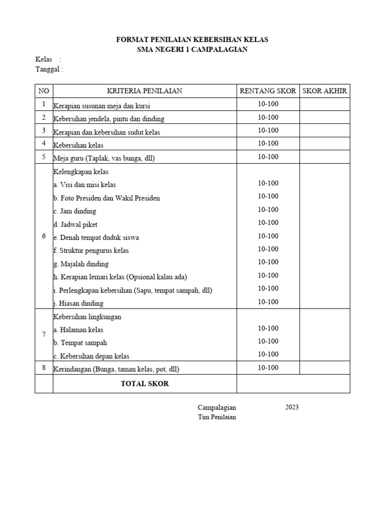 Format Penilaian Kebersihan Kelas | PDF
