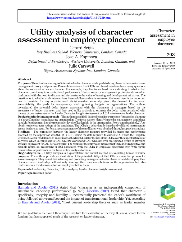 Utility Analysis of Character Assessment in Employee Placement | PDF