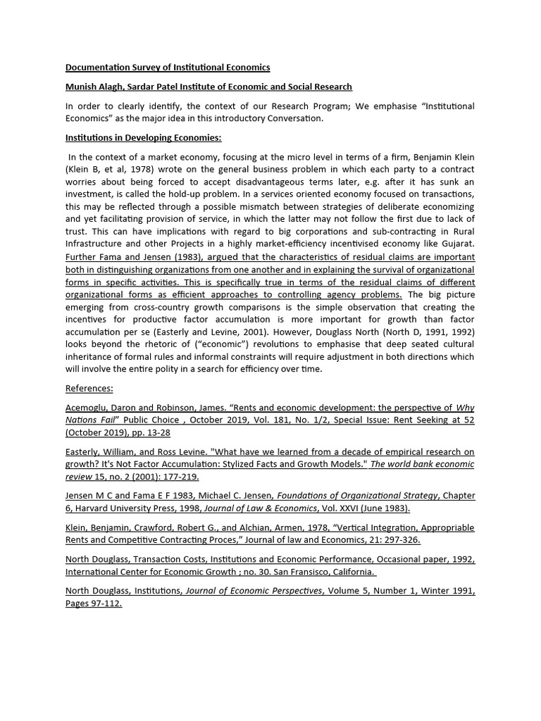 A One Pager On Documentation Survey On Institutional Economics | PDF | Economics | Economic Growth