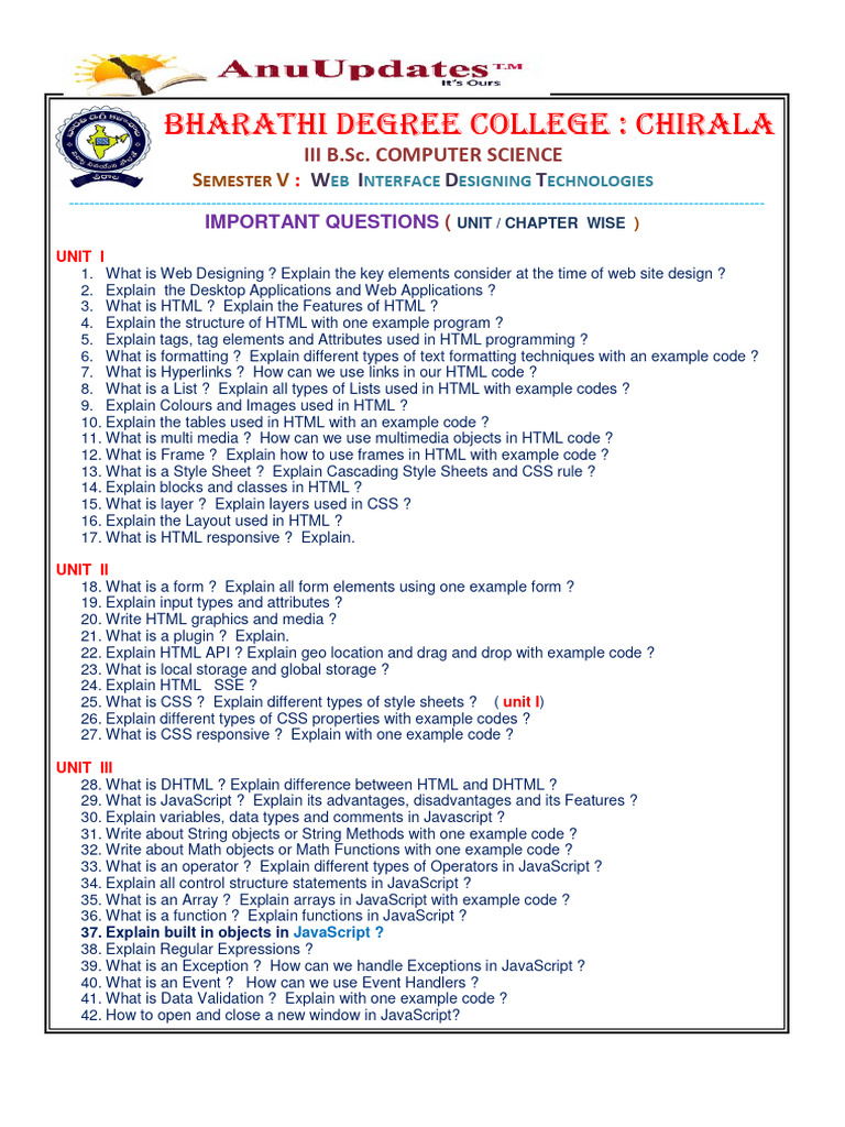3 Bsc. V - WIDT - Imp Qns | PDF | Computers | Technology & Engineering