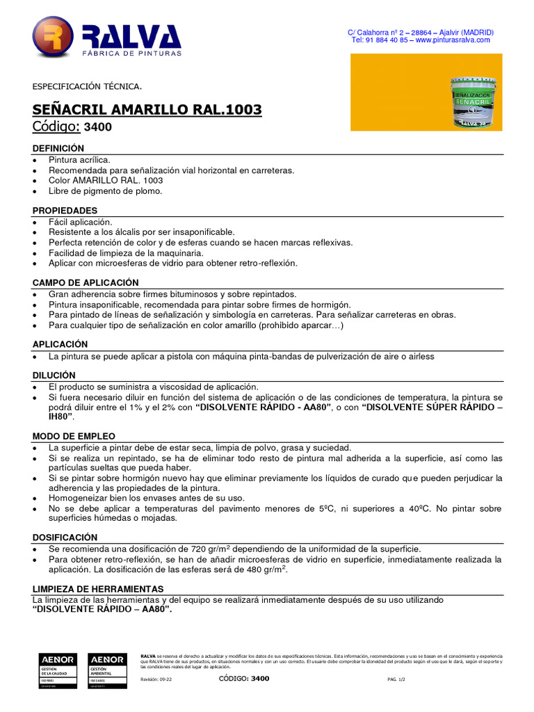 Pintura Acrílica Amarilla RAL 1003 para Señalización | PDF | Pintar ...